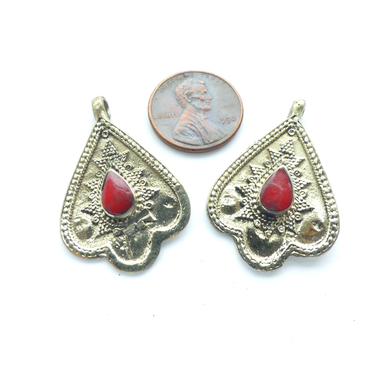 Turkoman Style Small Brass Pendants with Red Drop, 23x33mm, Sold Indiv ...