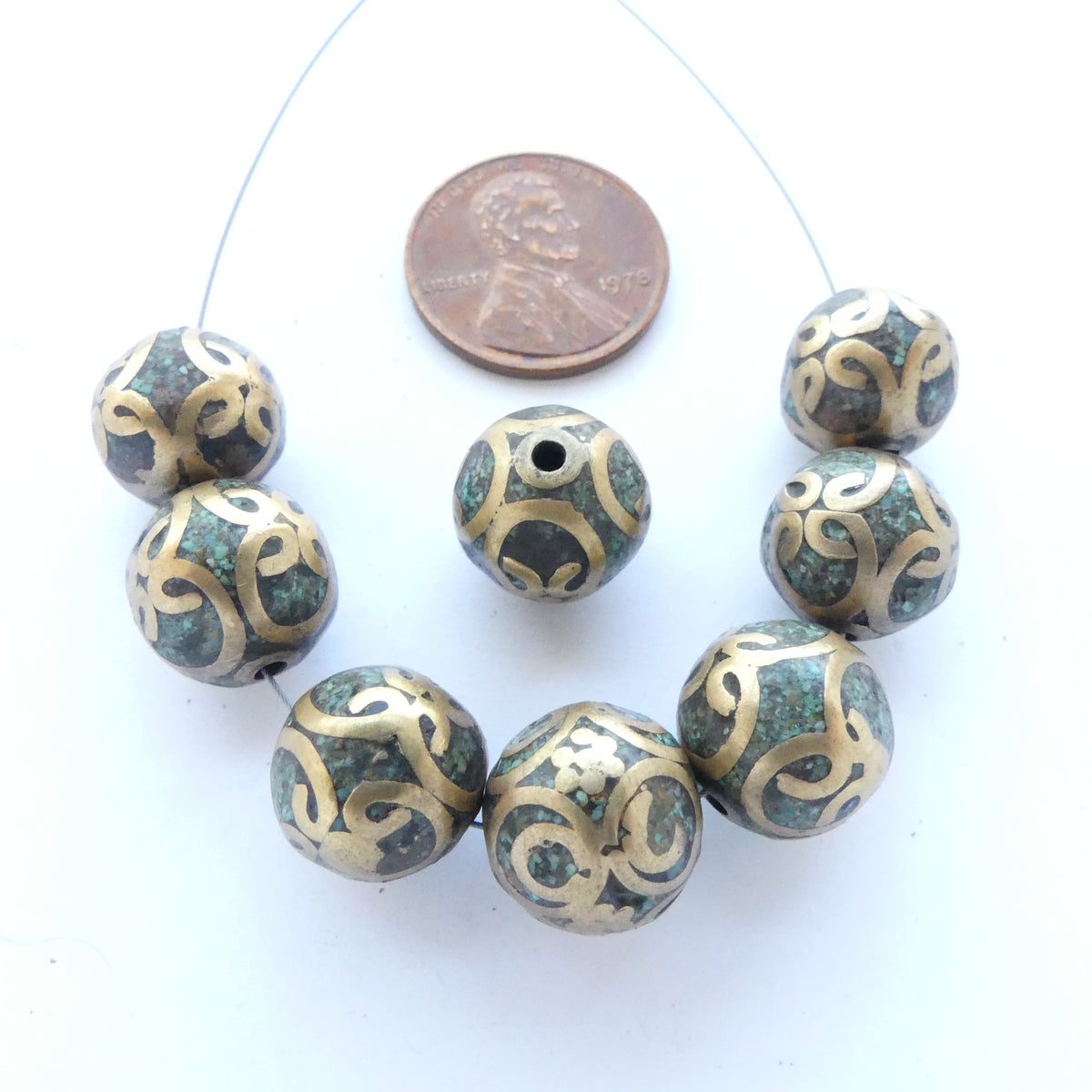 Himalayan Brass Beads with Turquoise Inlay, Round 11mm, Sold Individua ...