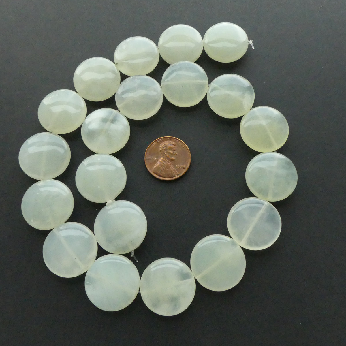New Jade, Coin, Slightly Puffy, 20mm Diameter on 16-inch Strands ...