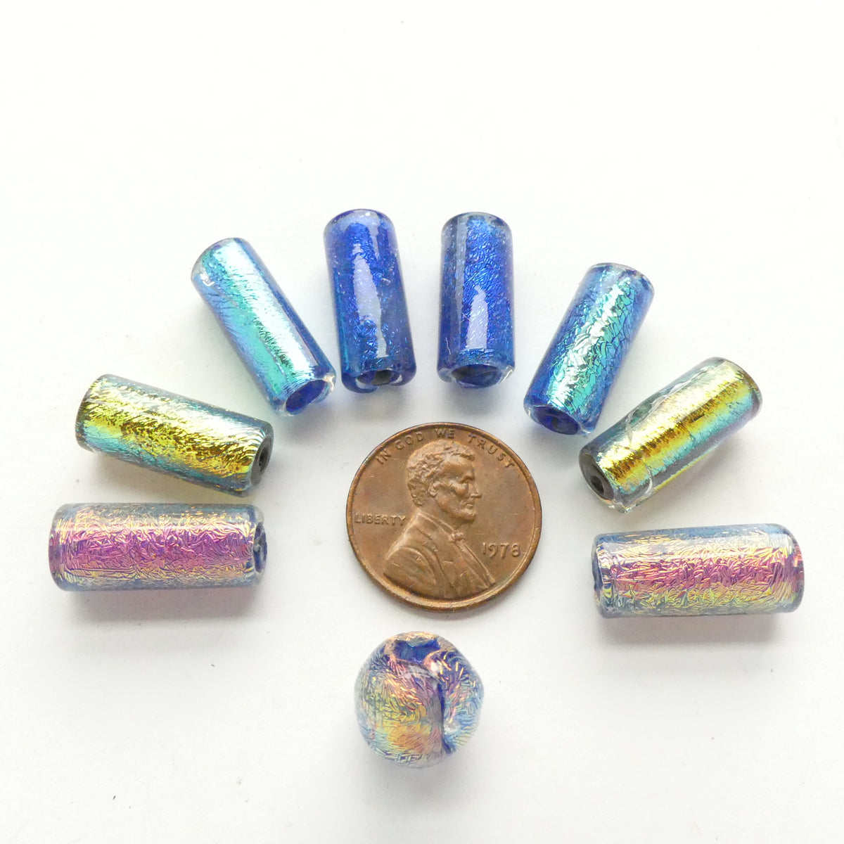 John McBride Dichroic Glass Cylinder Beads & 1 Round, Sold as Set of 9 ...