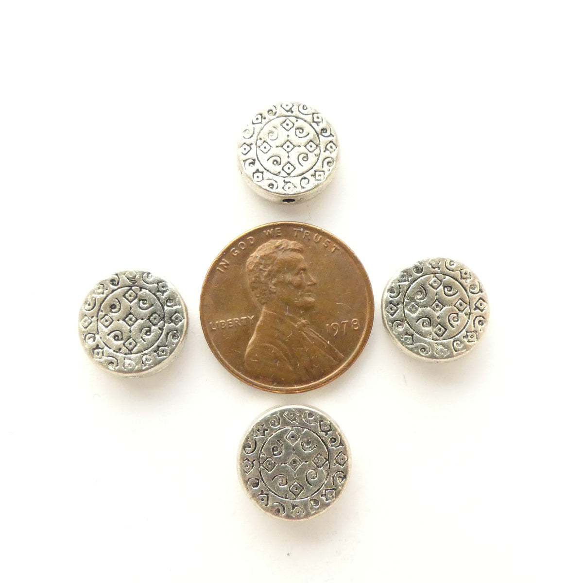 Silver tone, Cast Coin Shape Beads with Mystery Symbols, 12mm Diameter ...