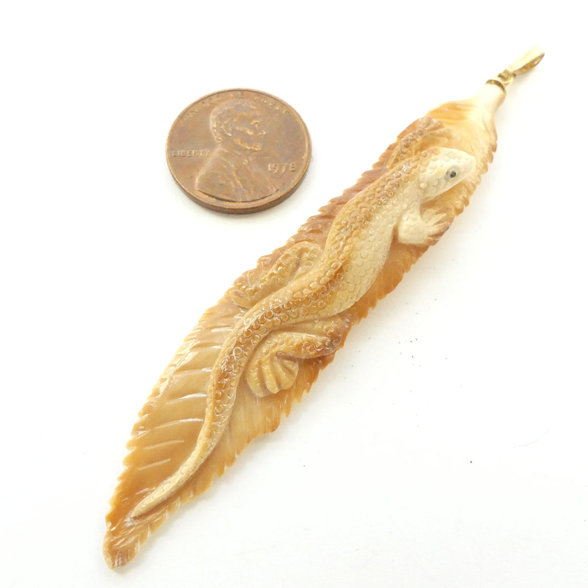Bone, Mammoth Tusk Lizard on Leaf, Pendant, 3.5 inches Long with Silve ...