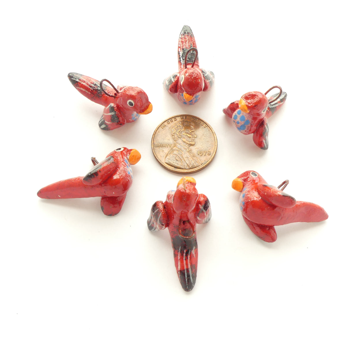 Clay Birds, Mini, Guatemalan, Red with Blue & Black, 25mm, Sets of 6 ...