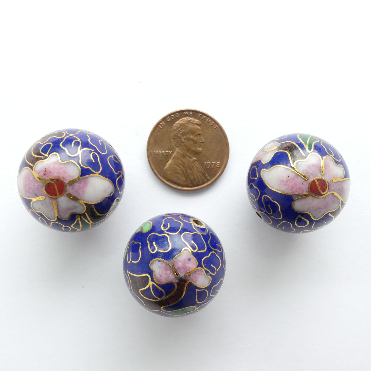 Cloisonne, Vintage Round, Dark Blue with Pink Flowers, 20mm. Sold Indi ...