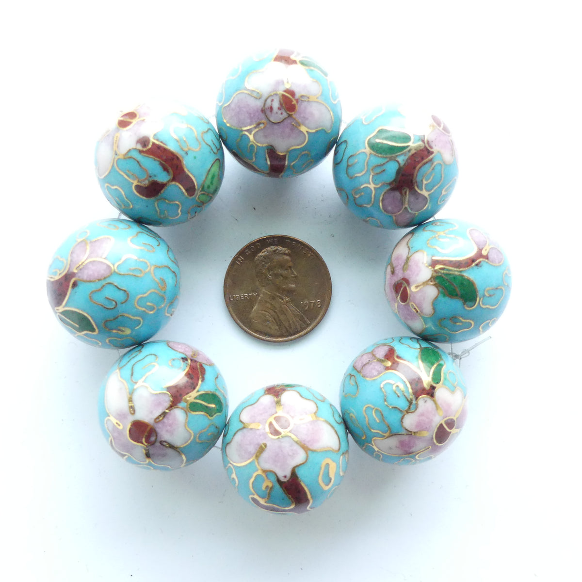 Cloisonne, Vintage Round, Light Blue with Pink Flowers, 20mm. Sold Ind ...